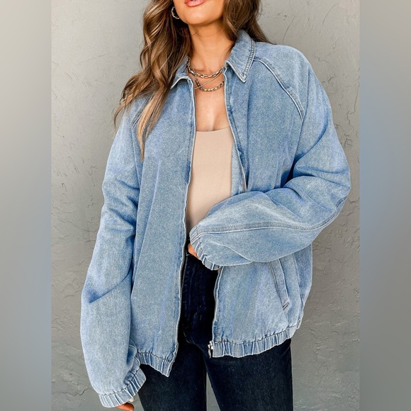 Jackets & Coats | Elastic Edge Collared Zip Up Denim Jacket With Pocket ...